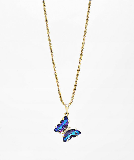 Saint Midas Blue Gem Butterfly 18" Gold Chain Necklace